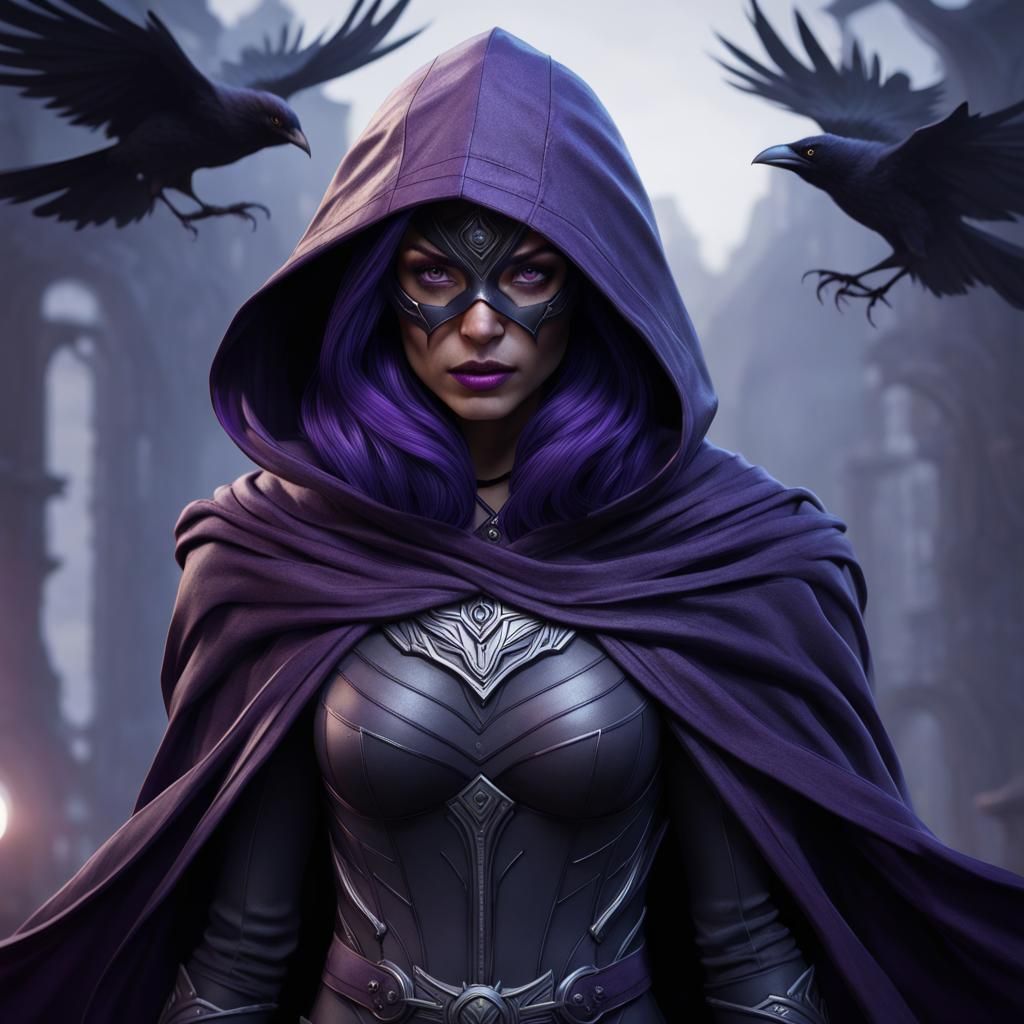 Raven, titans, dark purple magic, purple hair, grey skin, superhero ...