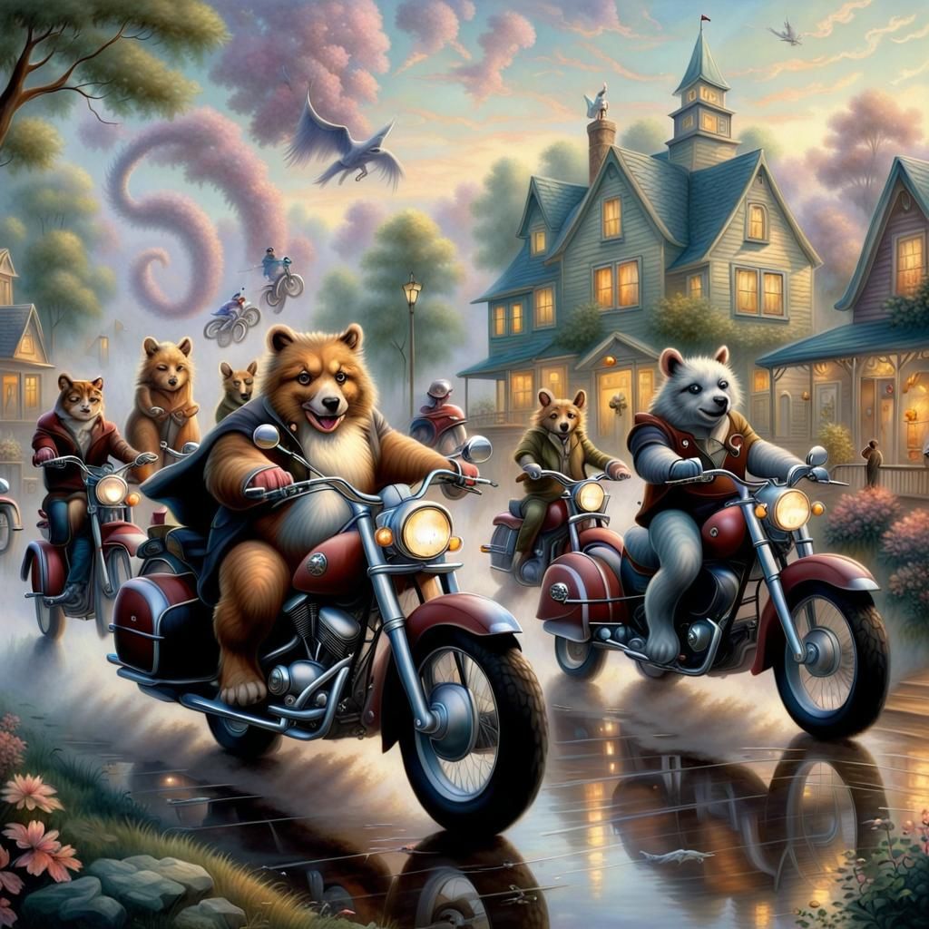 A group of different animals riding motorcycles. Some have sidecars ...