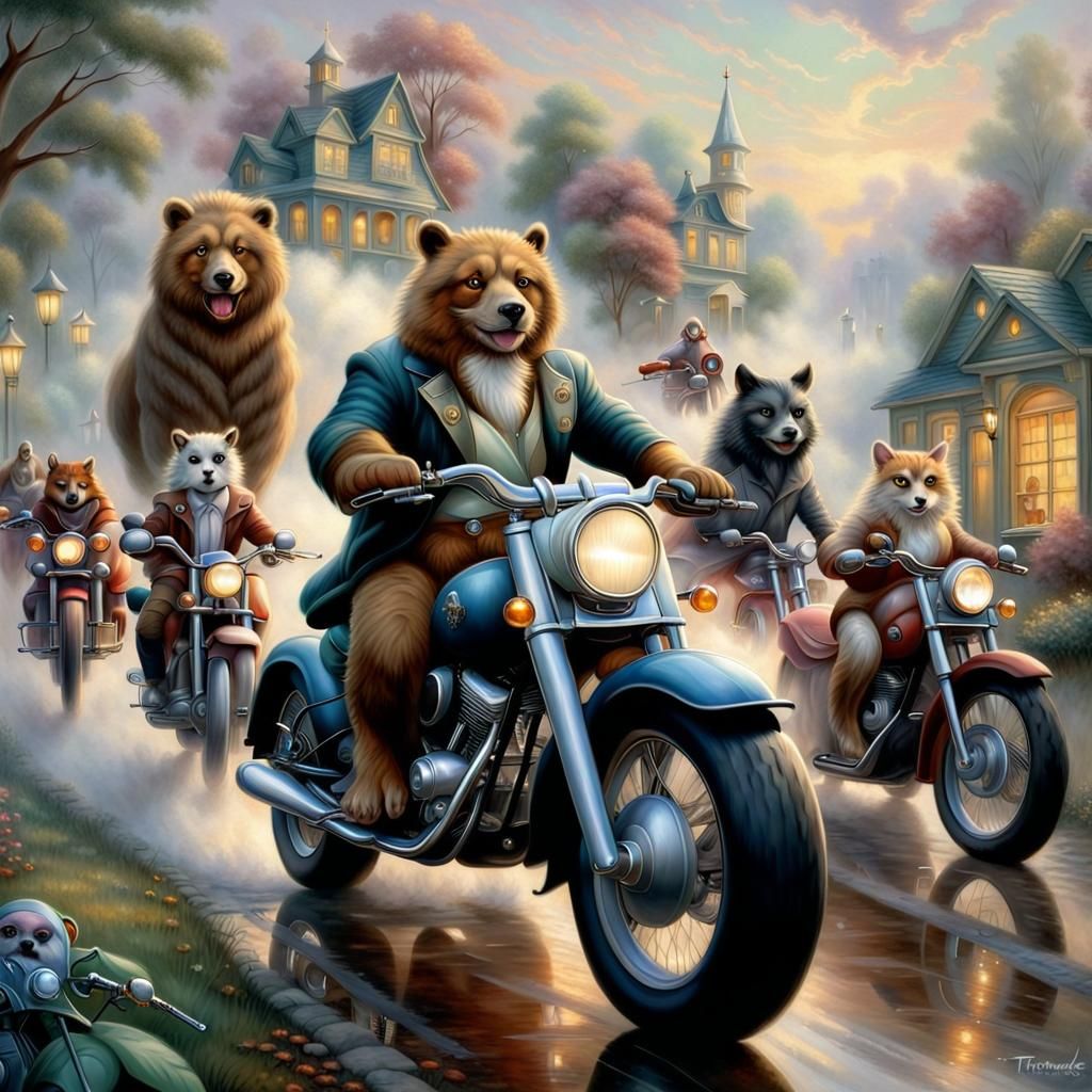 A group of different animals riding motorcycles. Some have sidecars ...