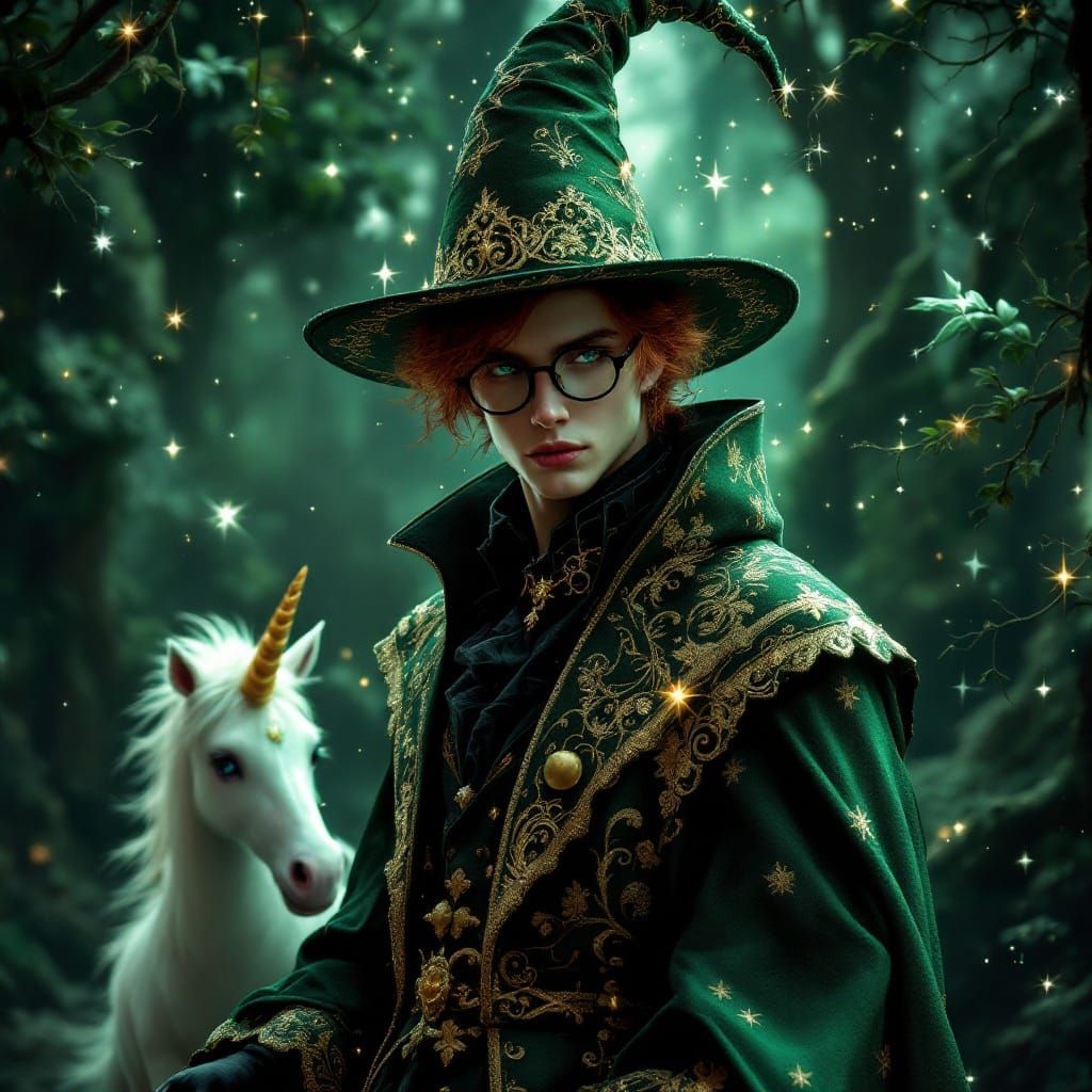 Rococo Gothic Wizard in Emerald Robes with Chibi U... - AI Art