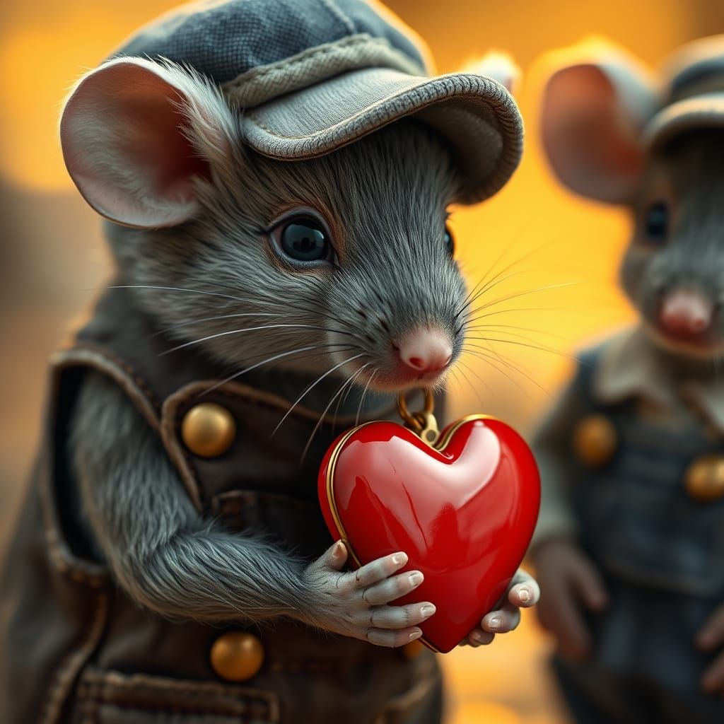 Whimsical Gray Mouse Duo Holds Tender Heart - AI Art