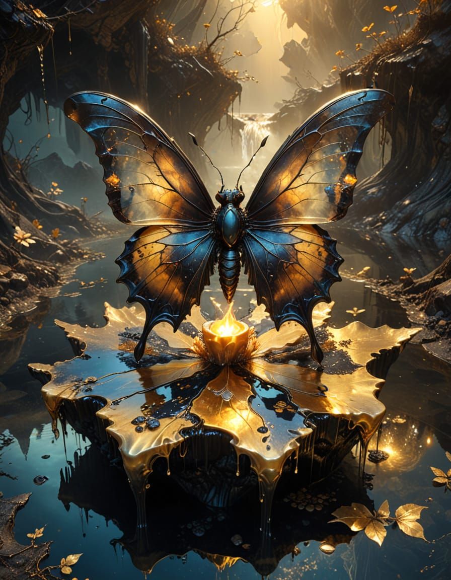 Surreal Biomechanical Bat Butterfly Blooms on Obsi... - AI Art