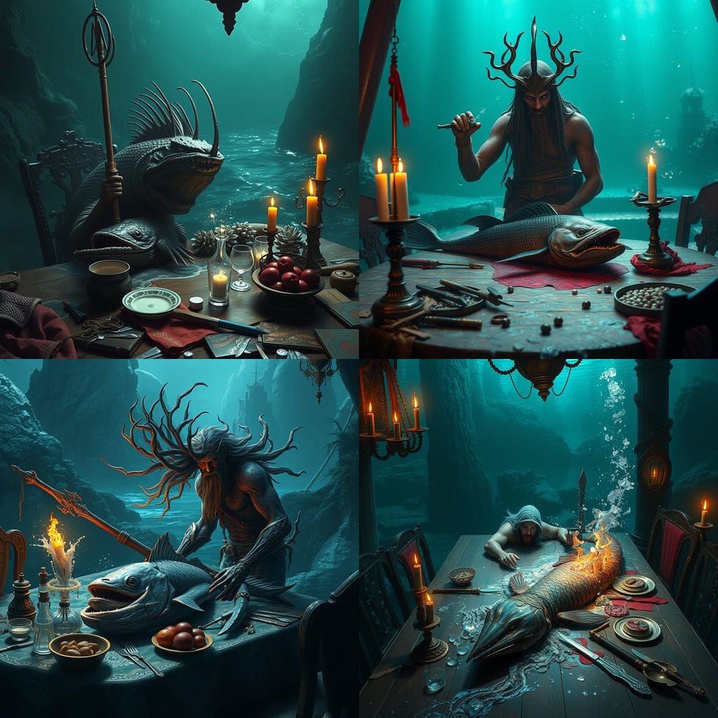 Hunter's Table with a Dead Merman, Fantastical Fan... - AI Art