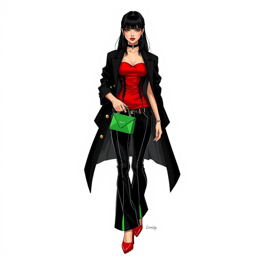 Futuristic Fashion Illustration: Red Dress and Cyb... - AI Art