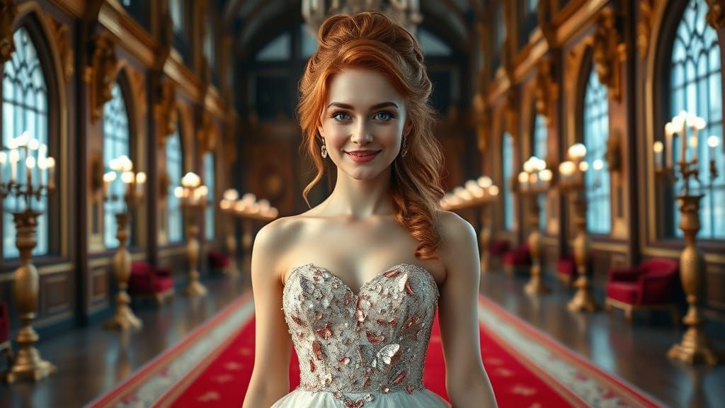 Elegant Young Woman in Fairy-Tale Castle Prom Dres... - AI Art