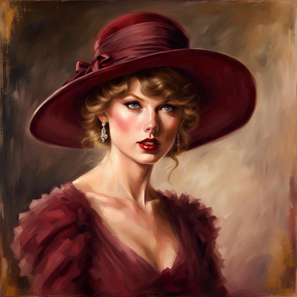 Taylor Swift 1900s modest burgundy dress and hat head and shoulders ...