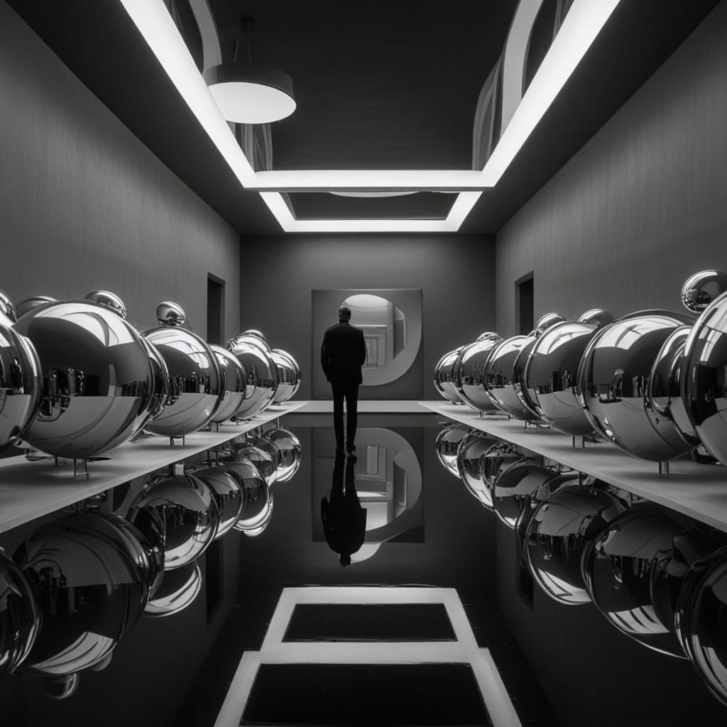 Room with spheres - Surreal Mirrored Chamber with Infinite R...