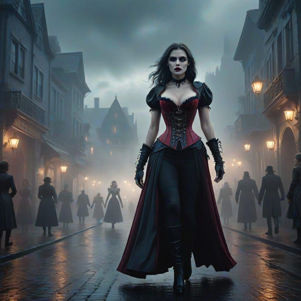 Female Vampire walking the mist filled streets of town