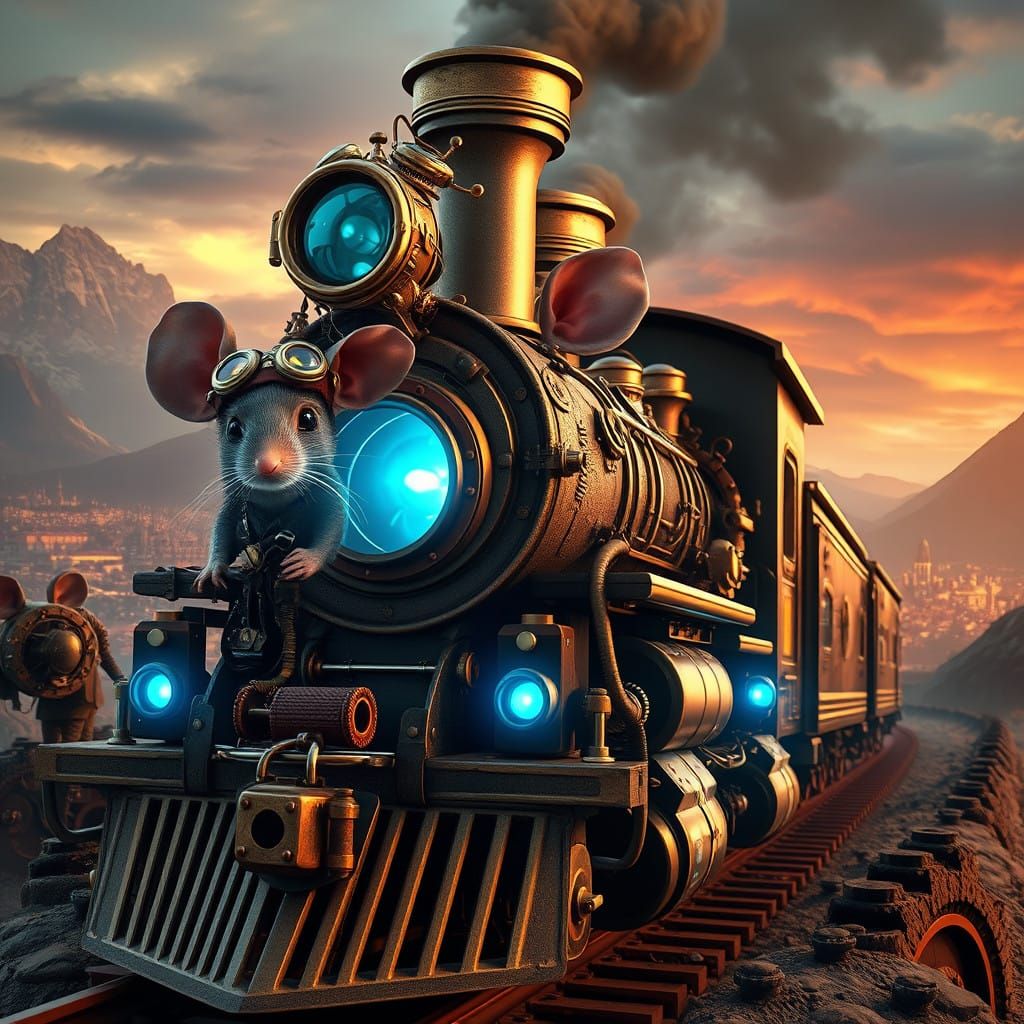 Steampunk Mice in Opulent Train Attire - AI Art