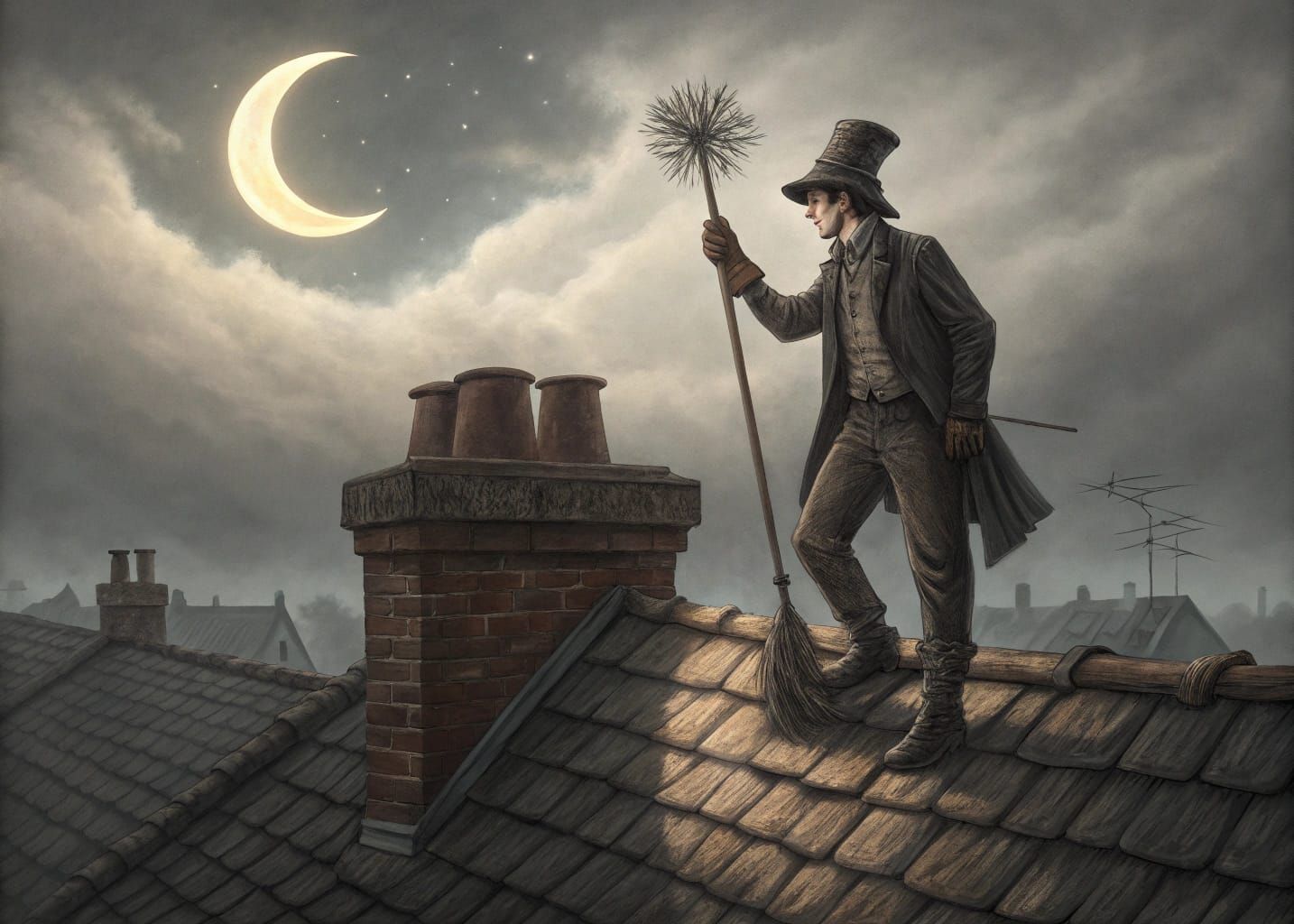 Soot-Stained Sweeper Holds Glowing Crescent Moon - AI Art
