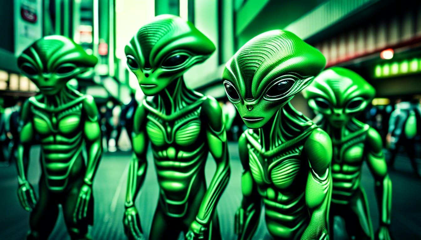 Green Aliens Rase en Tokyo attacks citizens intricate details, HDR ...