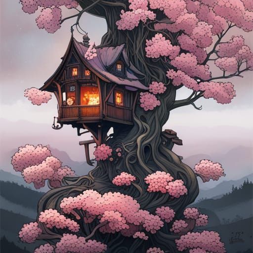 \Cherry blossom tree treehouse - AI Generated Artwork - NightCafe Creator