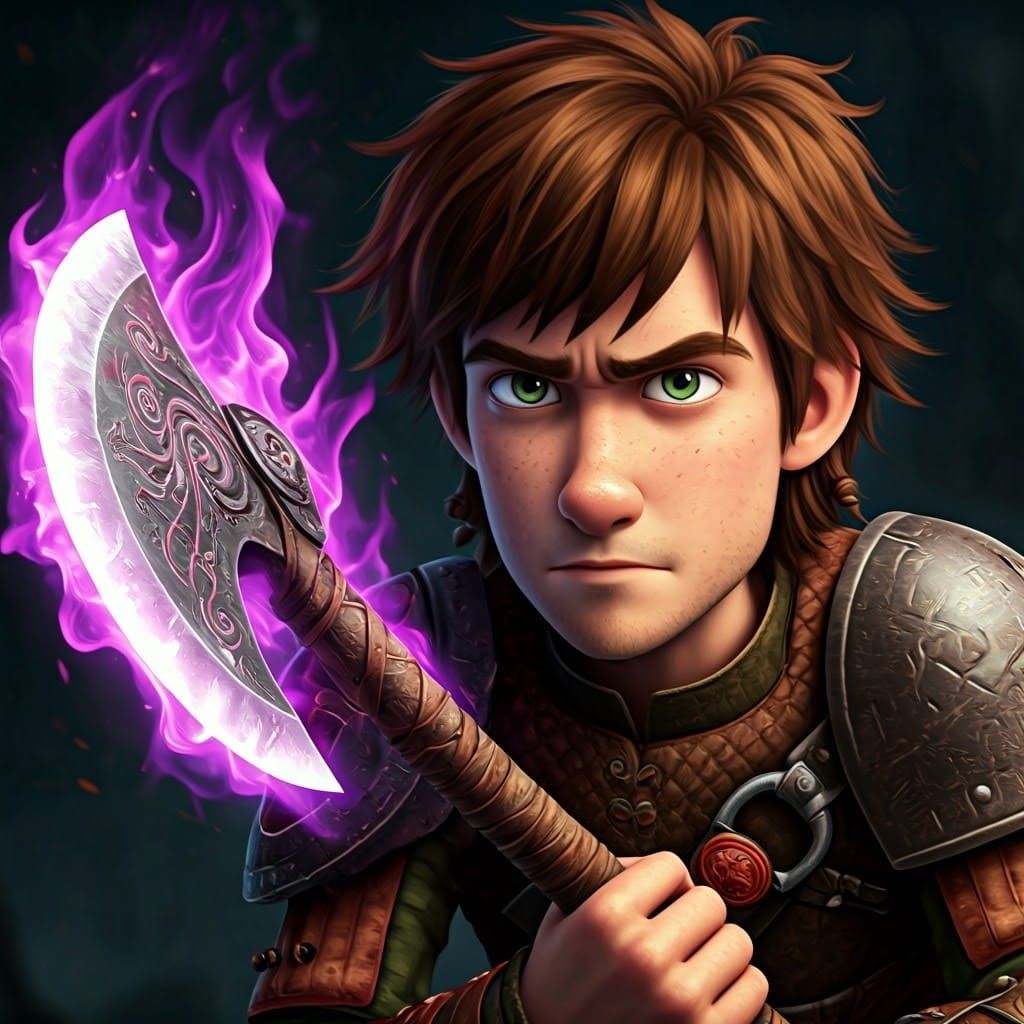 Young Hiccup Haddock Wields Fiery Axe - AI Art