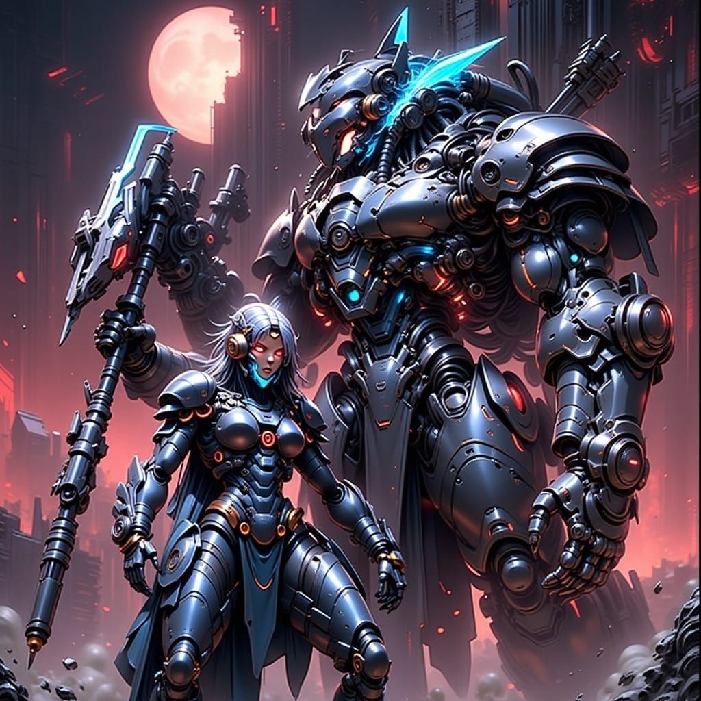 a female warrior with cybernetic implants and a large battle axe, a ...