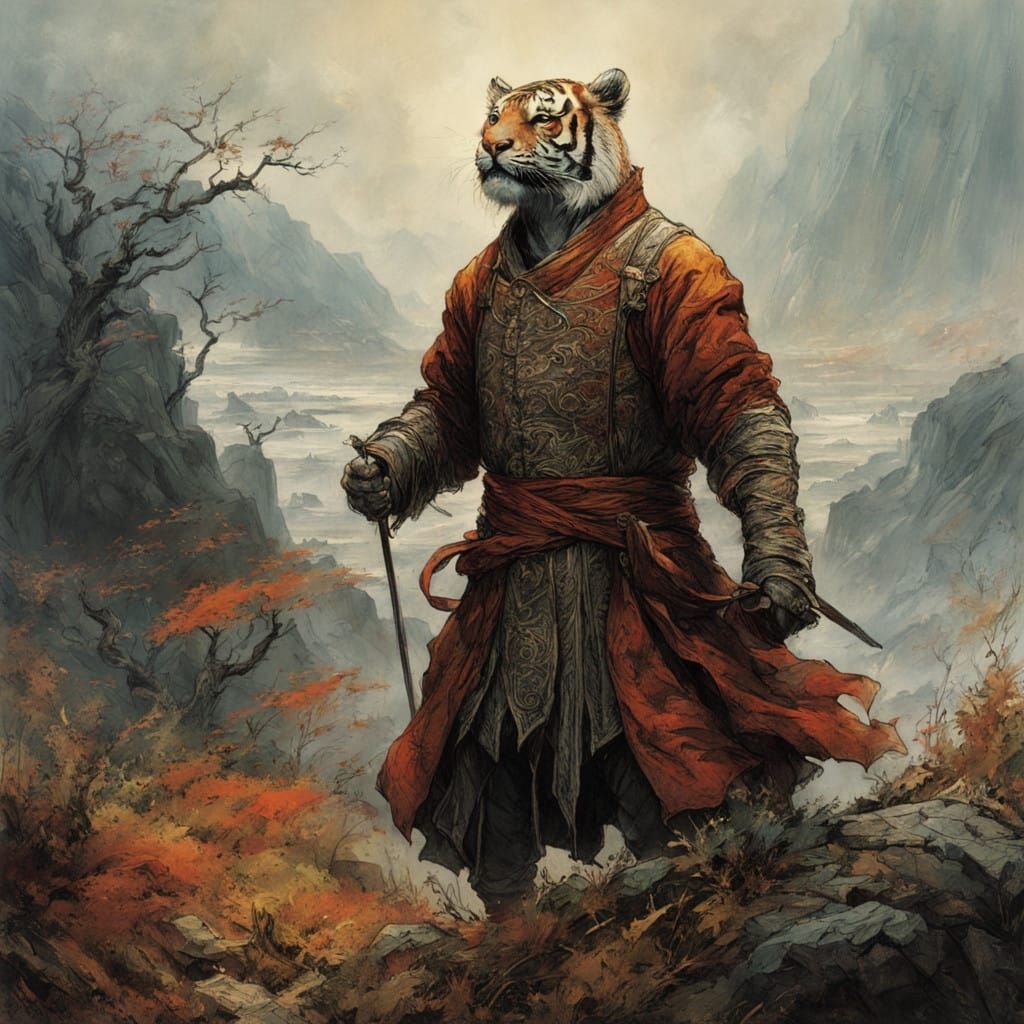 tiger shaolin monk - Surreal Shaolin Tiger in Misty Mountai...