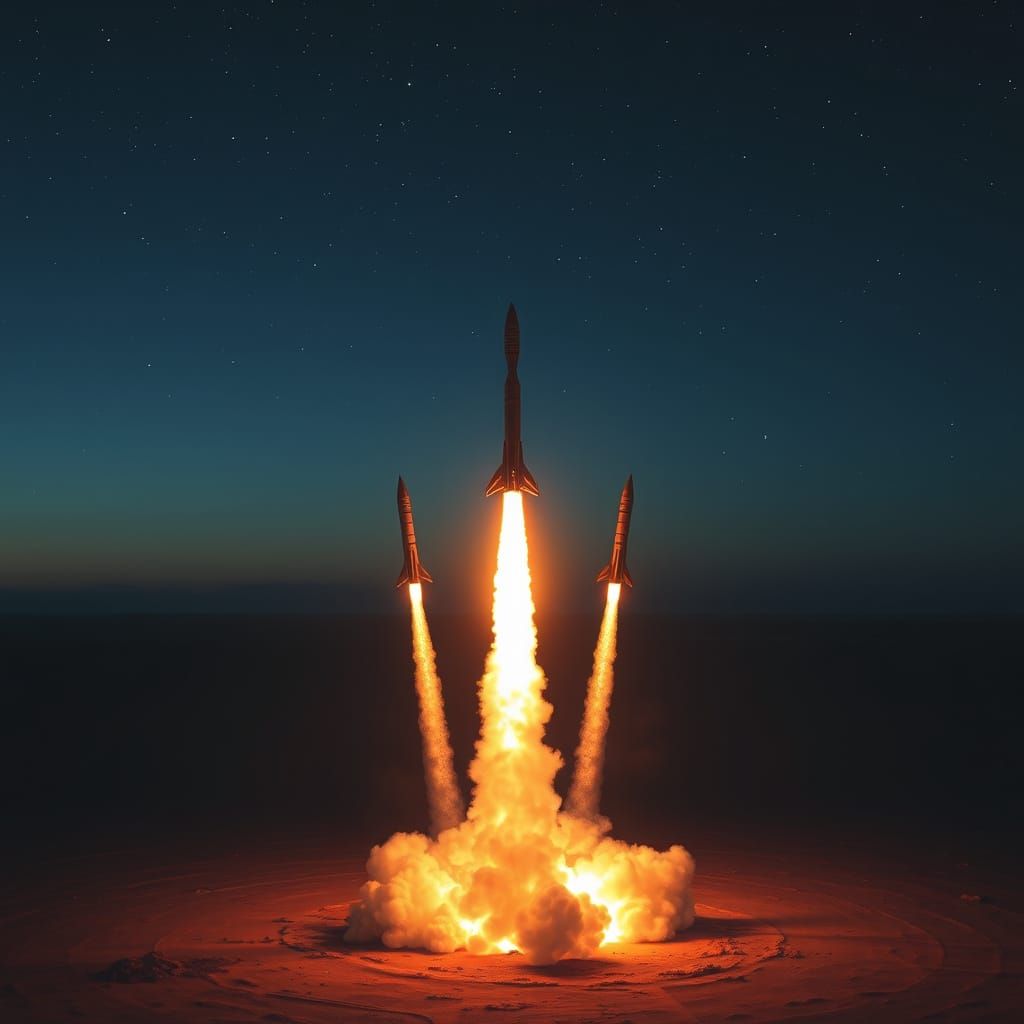 Serene Night Sky Disrupted by ICBM Missiles Launch... - AI Art