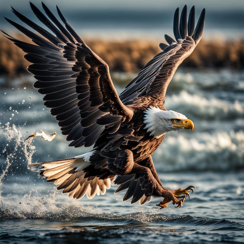 Eagle flying close to sea line to capture fish, zoomed out - AI ...
