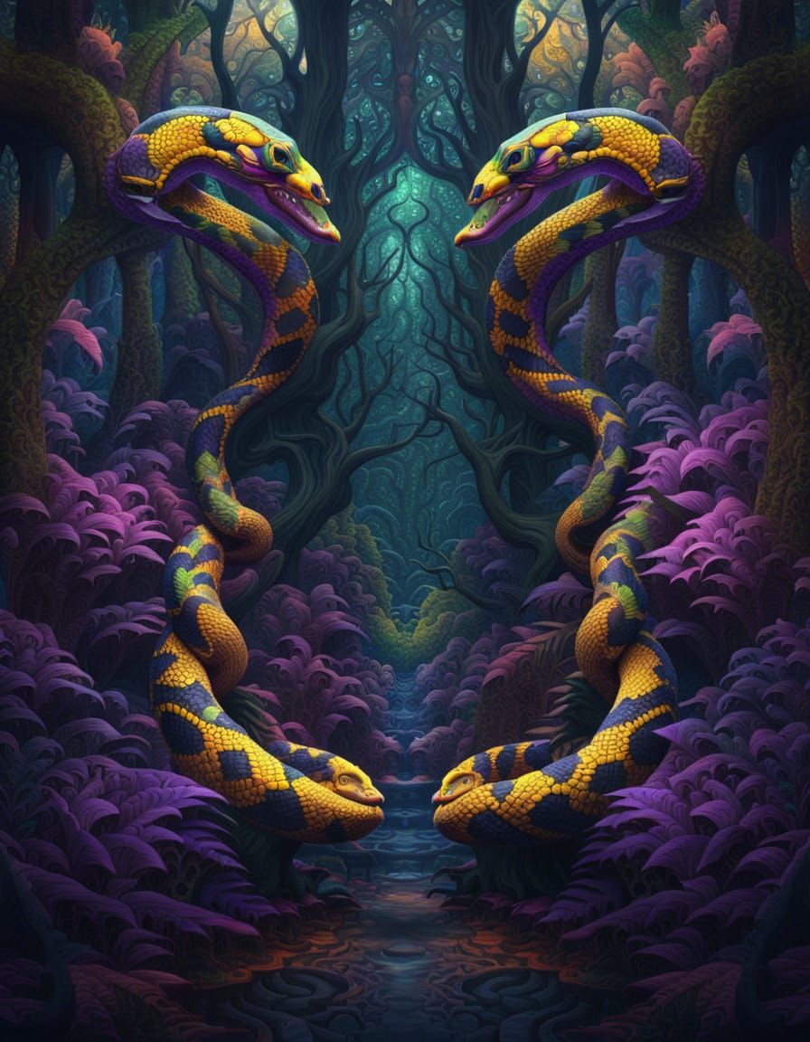 A forest with snakes mirrored and symmetrical patterns/trippy ...