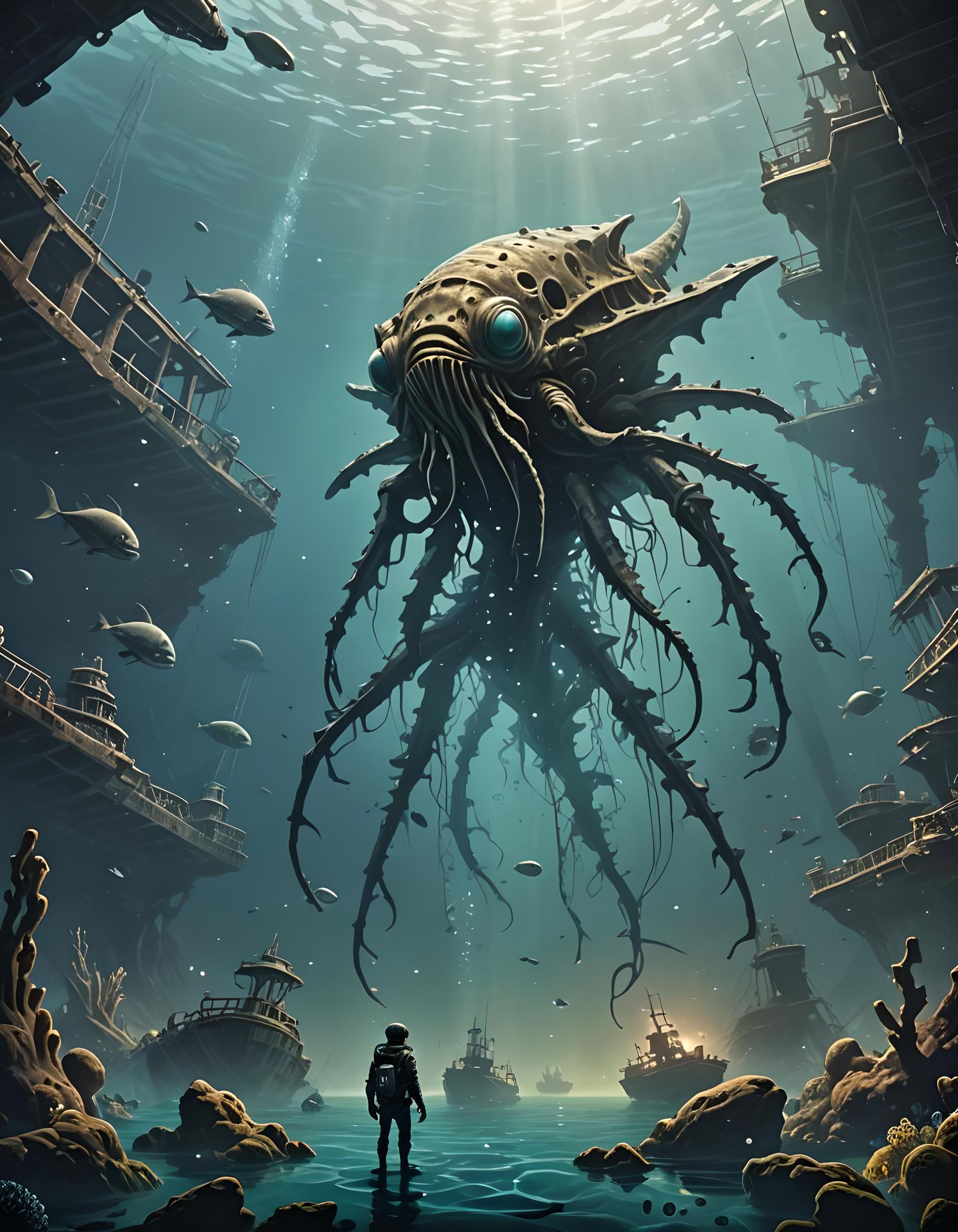 Tiny alien sea creature staring up at massive underwater shipwreck ...