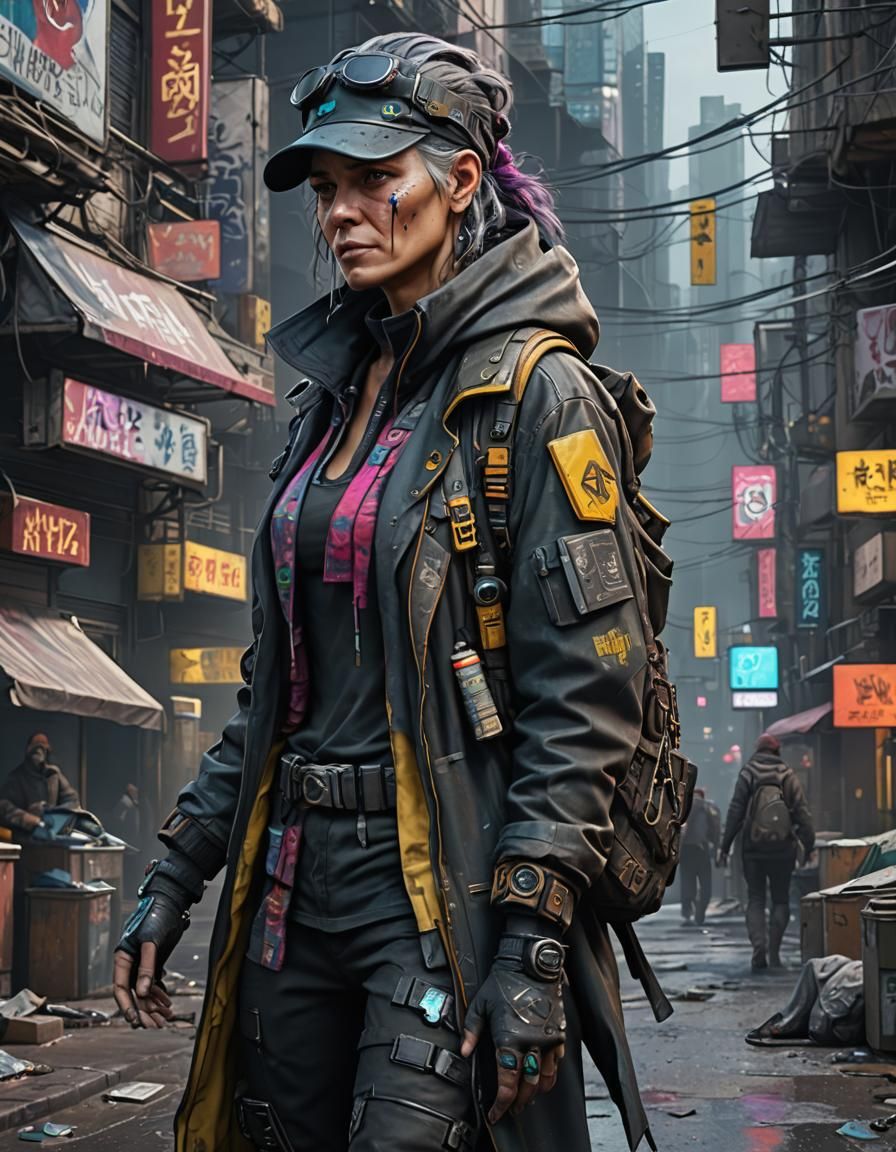 Middle-aged female homeless within the cyberpunk universe - AI ...