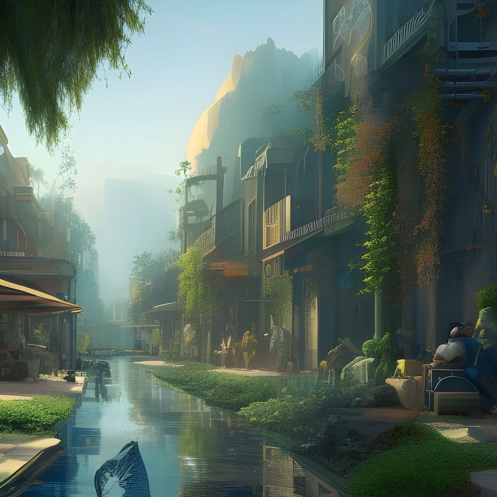 Solarpunk River Street - AI Generated Artwork - NightCafe Creator