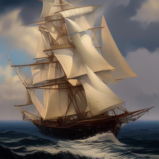 a 3 masted clipper ship with studding sails set, sailing on rge ocean ...