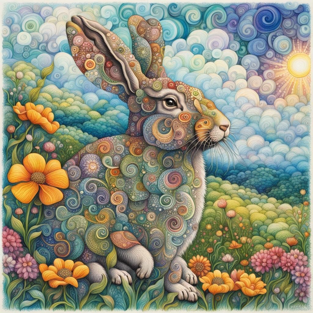 A close up of a zentangle rabbit in a flower field in the style of ...
