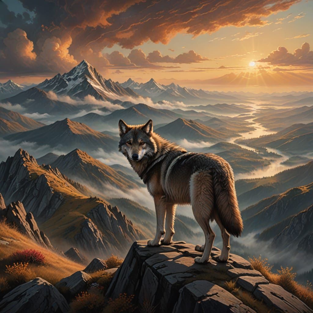Wolf Reigns Supreme Over Majestic Mountain Landsca... - AI Art