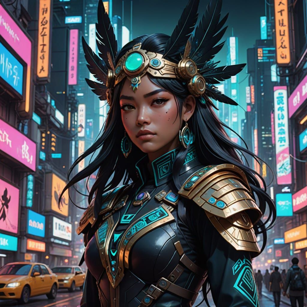 Surreal Aztec Goddess in Cyberpunk Cityscape - AI Art