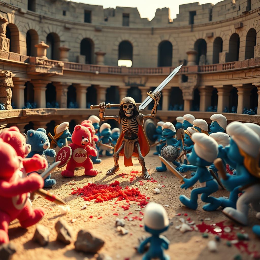 Macro photography of tiny care bears fighting against Smurfs at the ...
