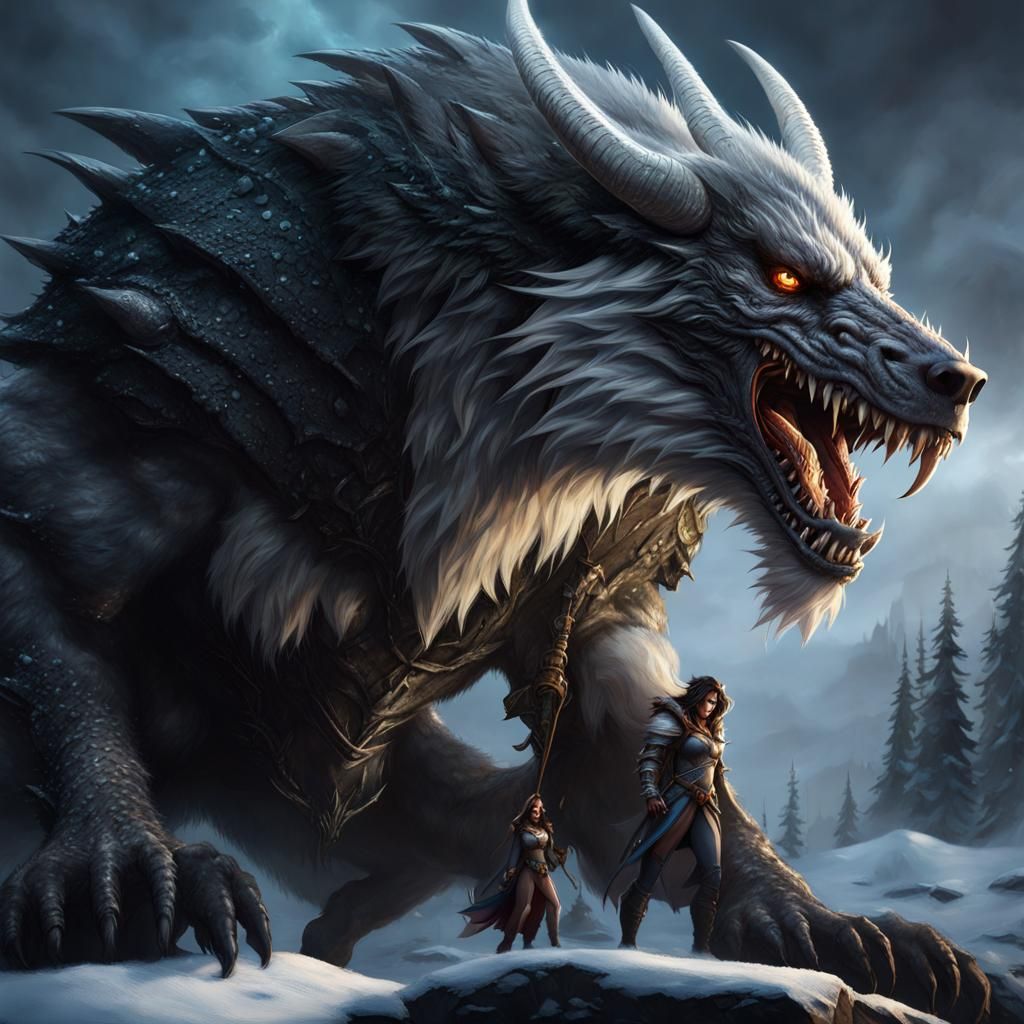 A giant female werewolf with snow-white thick fur and elongated talons ...