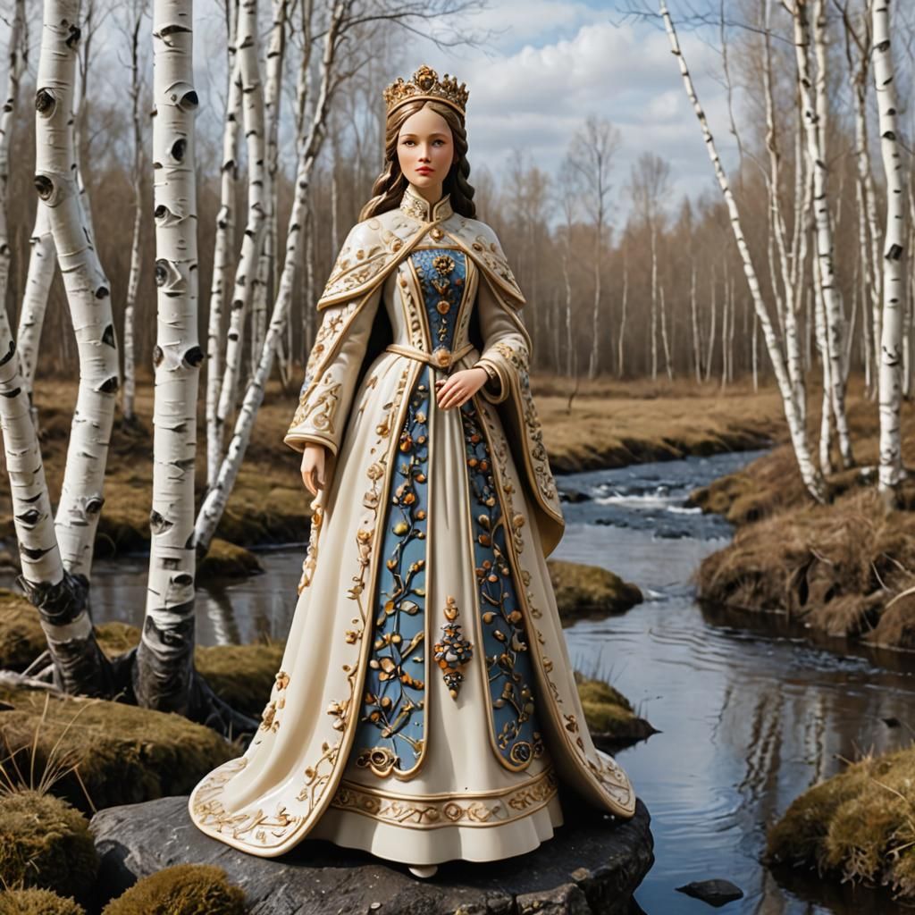 Russian princess dressed in pre-petrine fashion, birch,river. resin ...