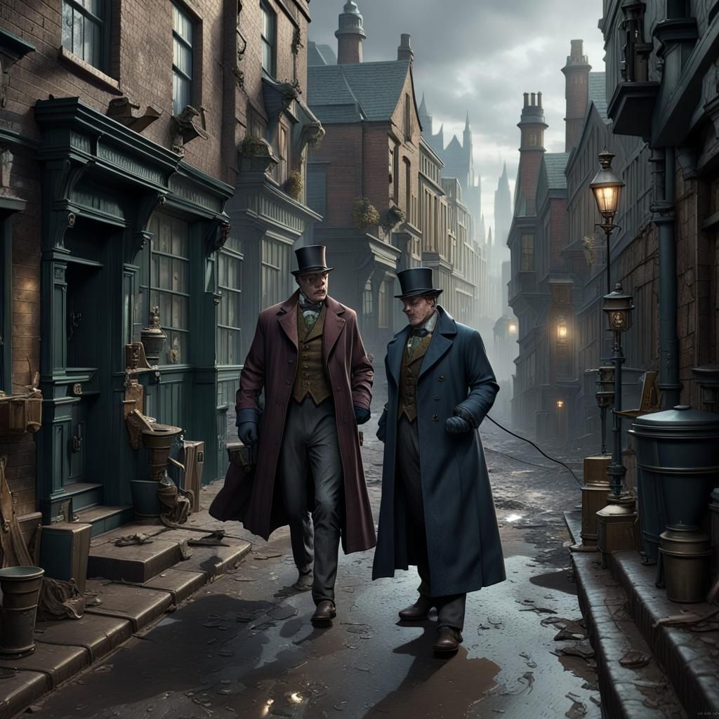 Batman and Sherlock Holmes, looking for clues in the alley of a 19th ...