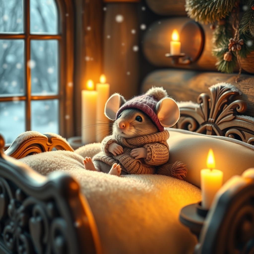 Whimsical Winter Mouse in Cozy Cabin Scene - AI Art