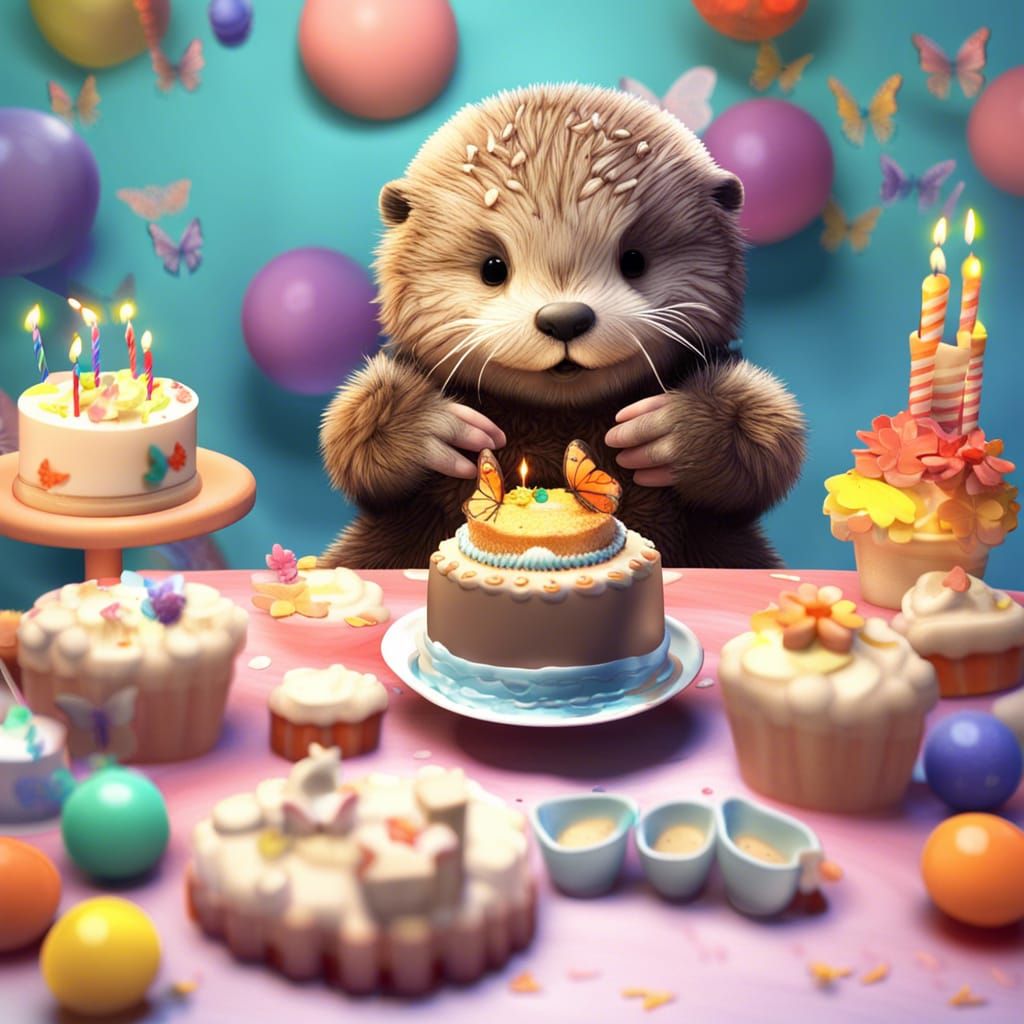 Cute, furry, baby anthropomorphic sea otter sitting in a kitchen baking a birthday cake that ...