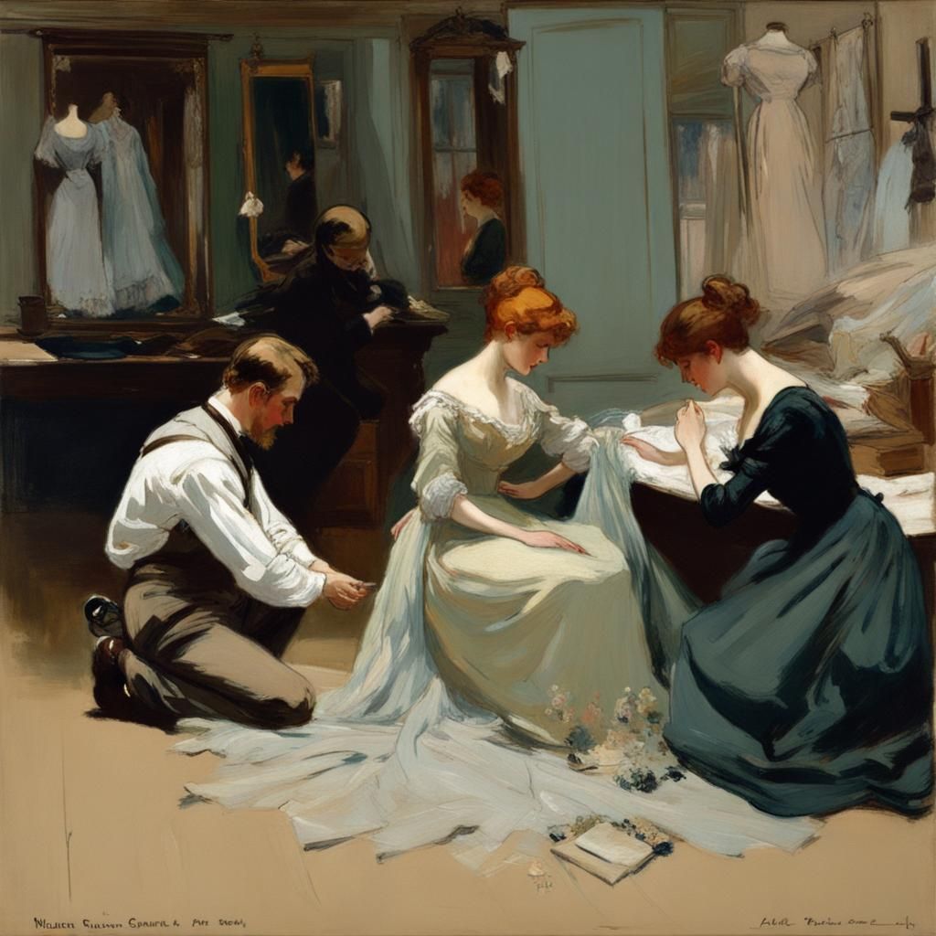 1895: fitting scene at couturier's workshop, Paris - AI Generated ...