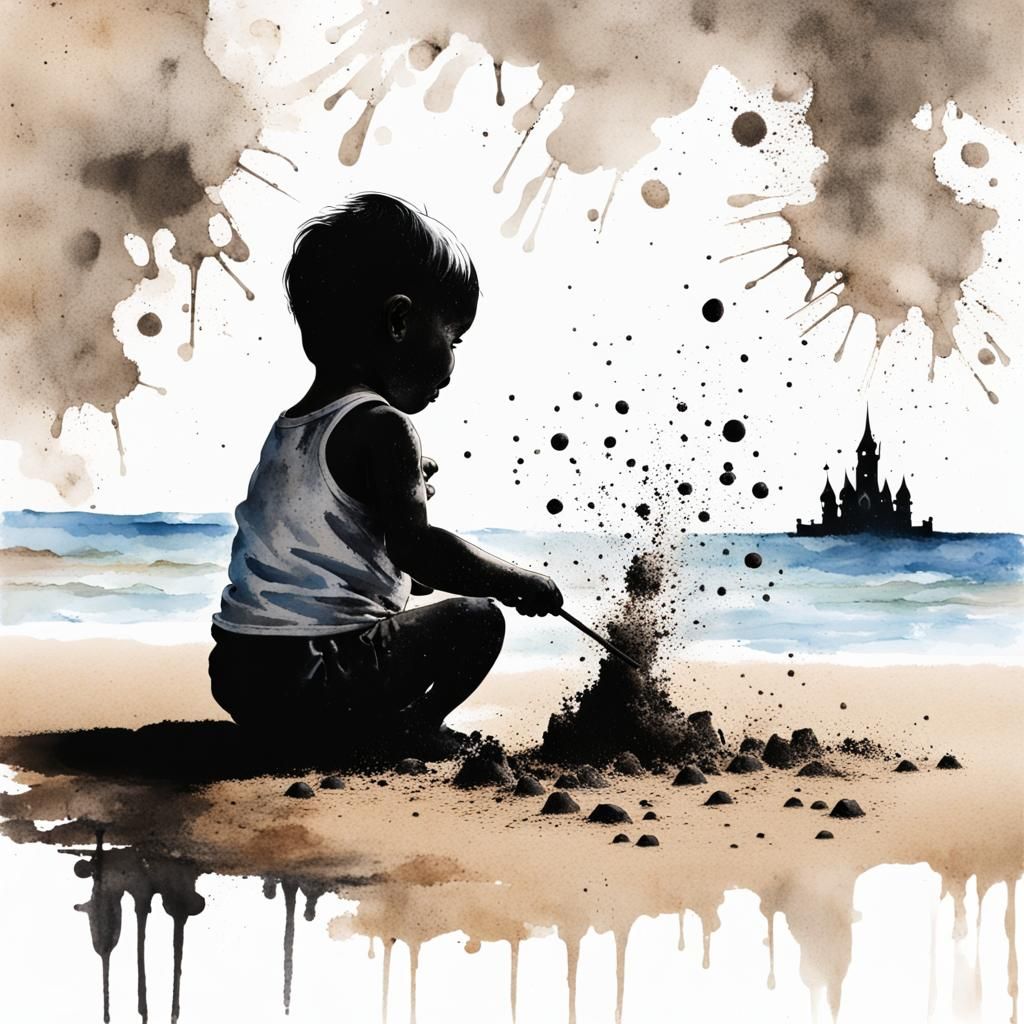 Ink Splatter painting of a toddler sitting on the shore while building ...