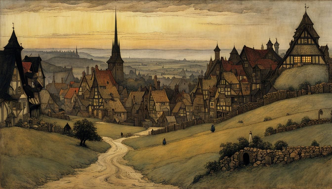 little town, by Arthur Rackham, Caspar David Friedrich and Paul Klee ...