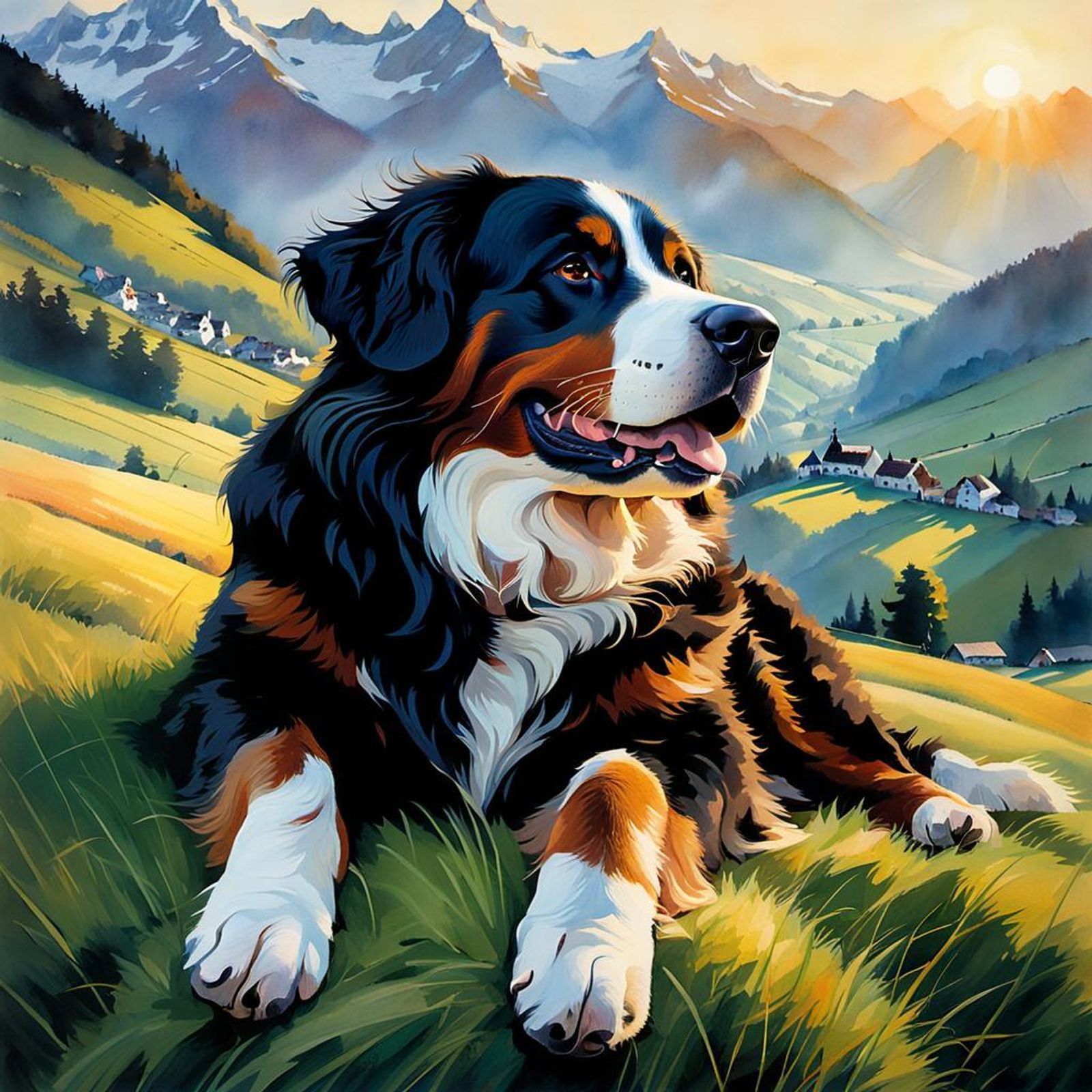 Close up of a happy Bernese Mountain dog laying on top of a hill in the Bernese Oberland. The ...