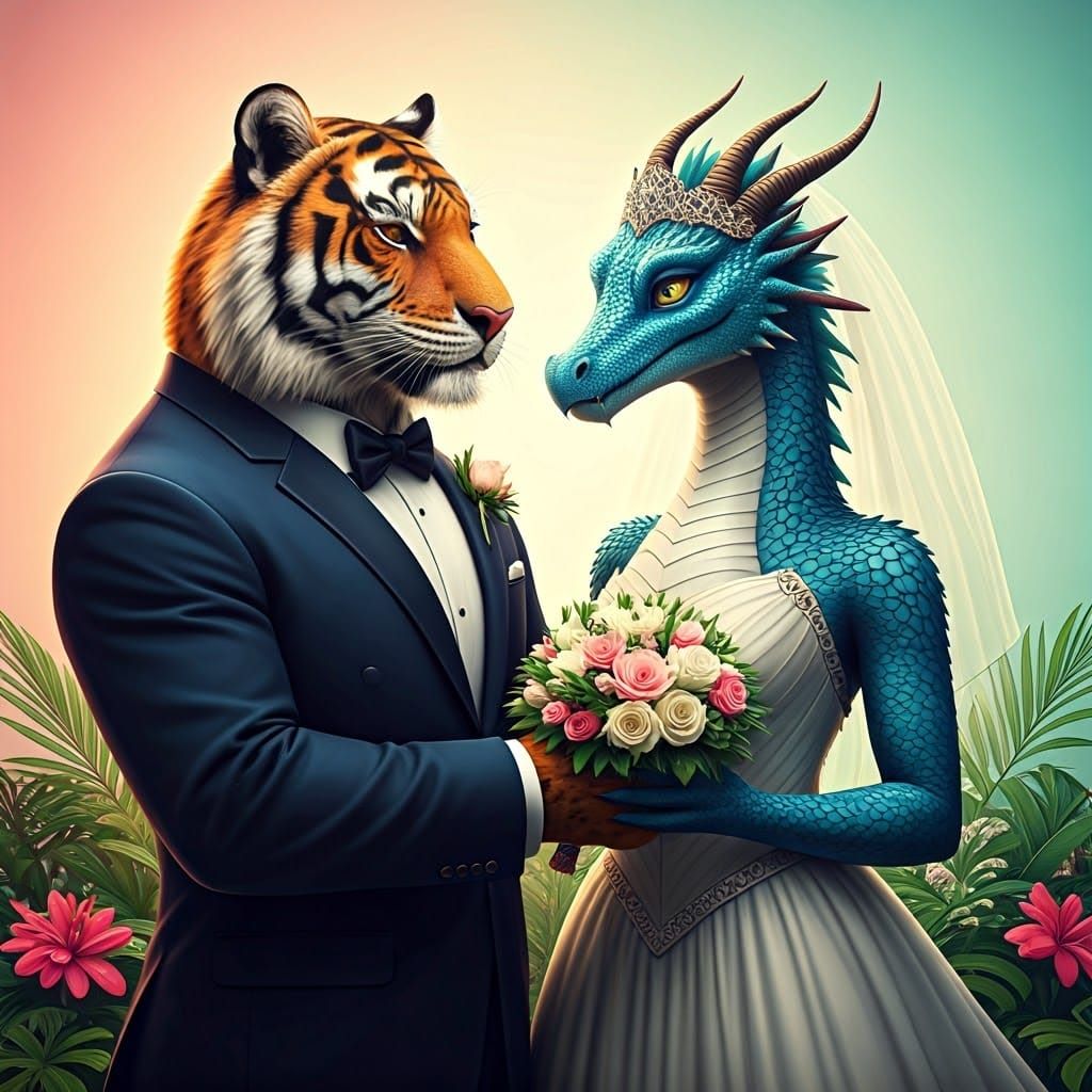 Majestic Tiger Groom and Dragon Bride Exchange Vow... - AI Art