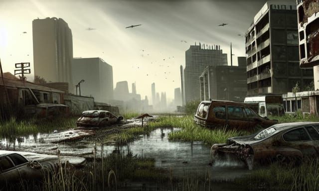 post-apocalyptic landscape of the suburbs of the city dystopic future ...