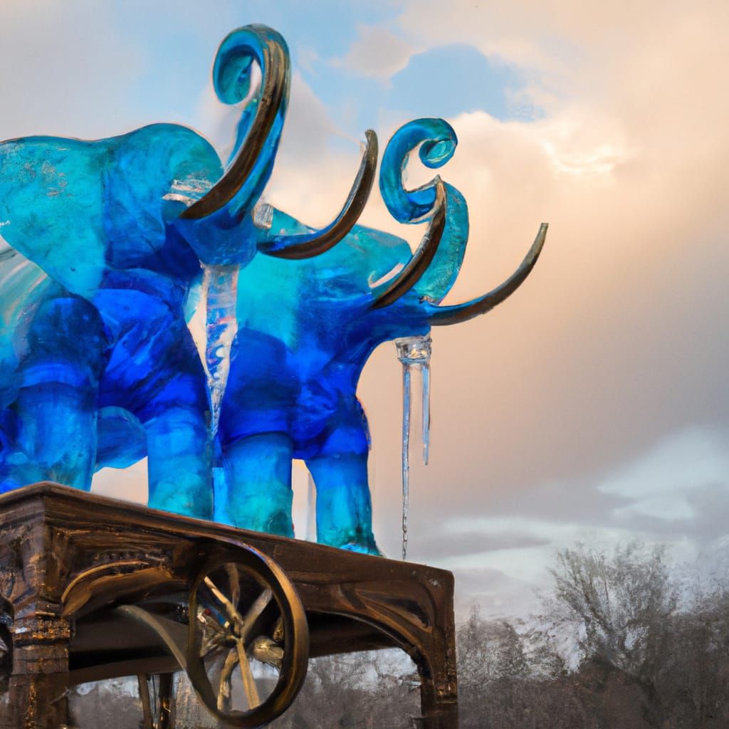 blue ice sculpture of 3 elephants with their trunks up, standing back ...
