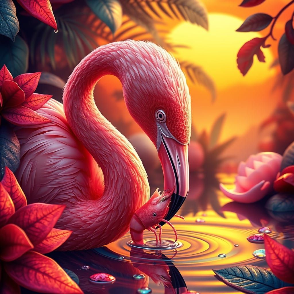 Fantastical Flamingo Devours Shrimp in Dreamlike S... - AI Art
