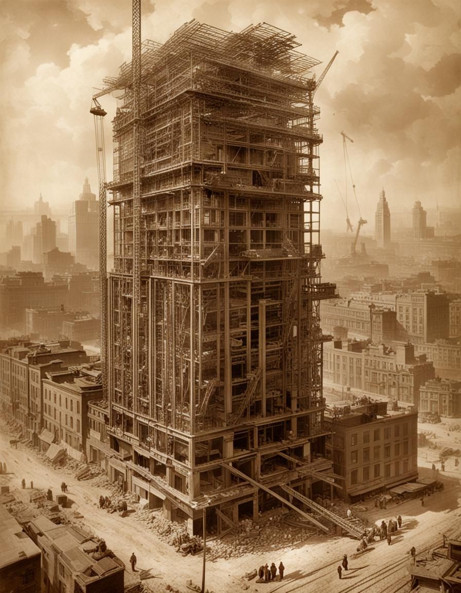 Workers build a skyscraper at 1930. Sepia, photorealistic, intricate ...