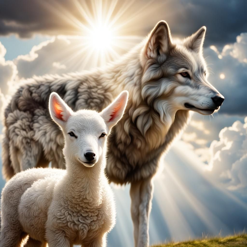 A WOLF AND A LAMB TOGETHER heavenly sunshine beams divine bright soft ...