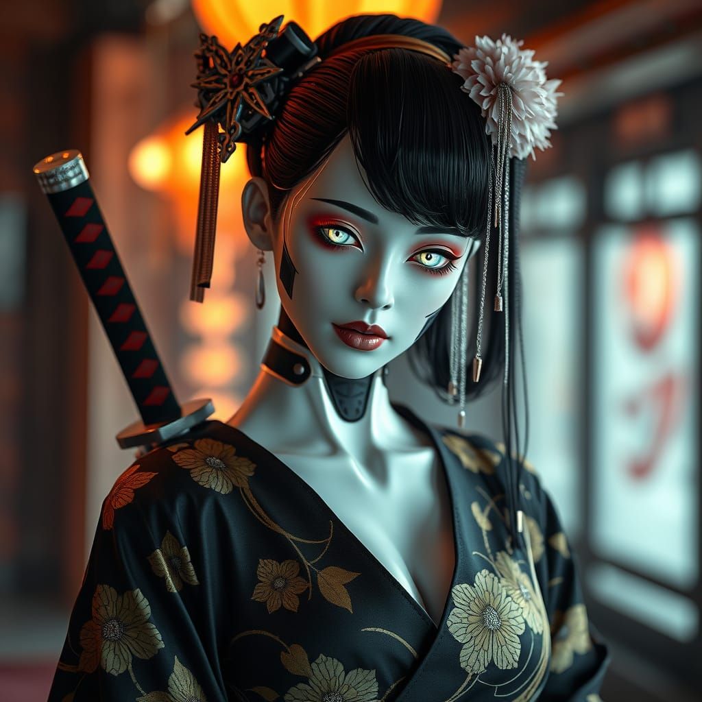 Cyberpunk Android Geisha with Katana in Futuristic... - AI Art