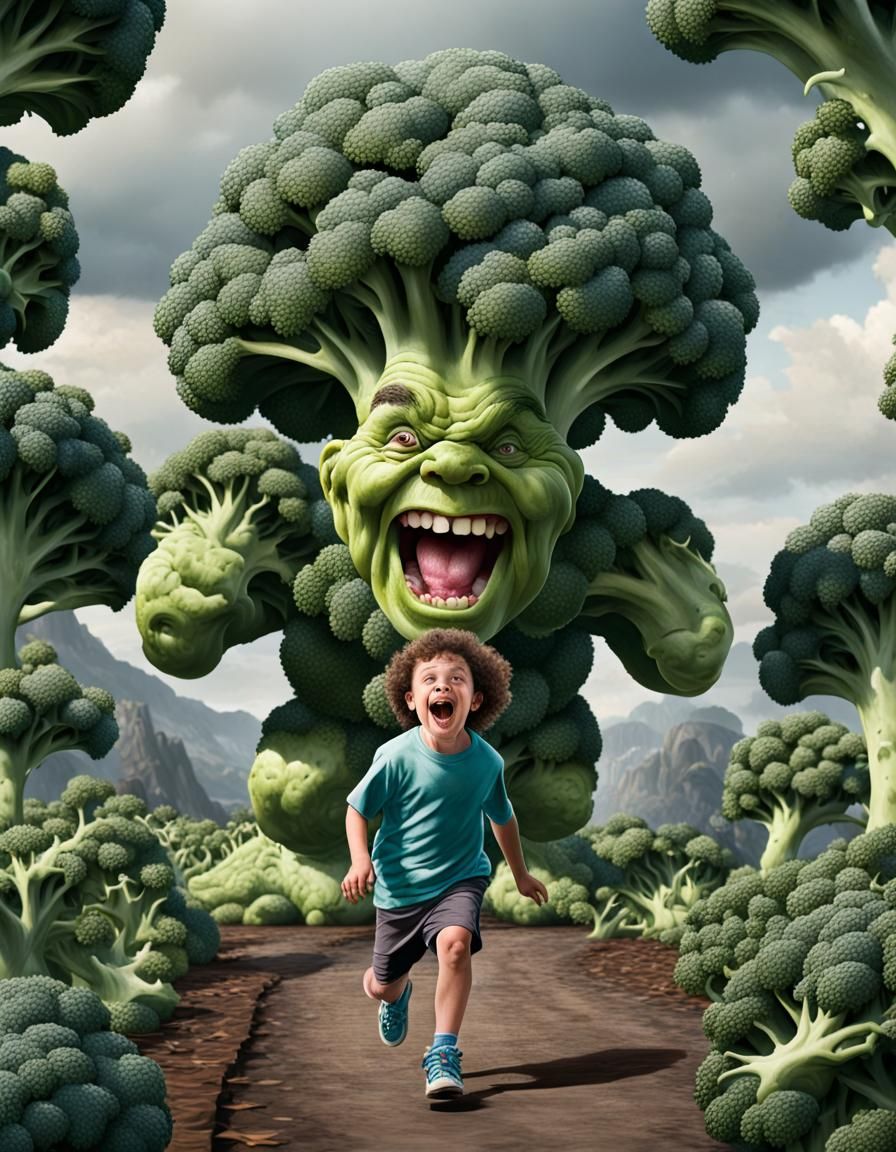 a giant broccoli ( with Big teeths) chases a child, hyperrealist ...