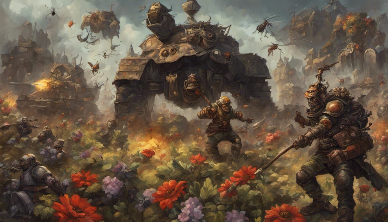 tanks and soldiers fighting with orcs and goblins, flowers and insects ...