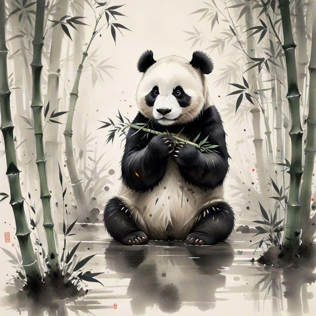 Ethereal Panda in Japanese Sumi-e Style - AI Art
