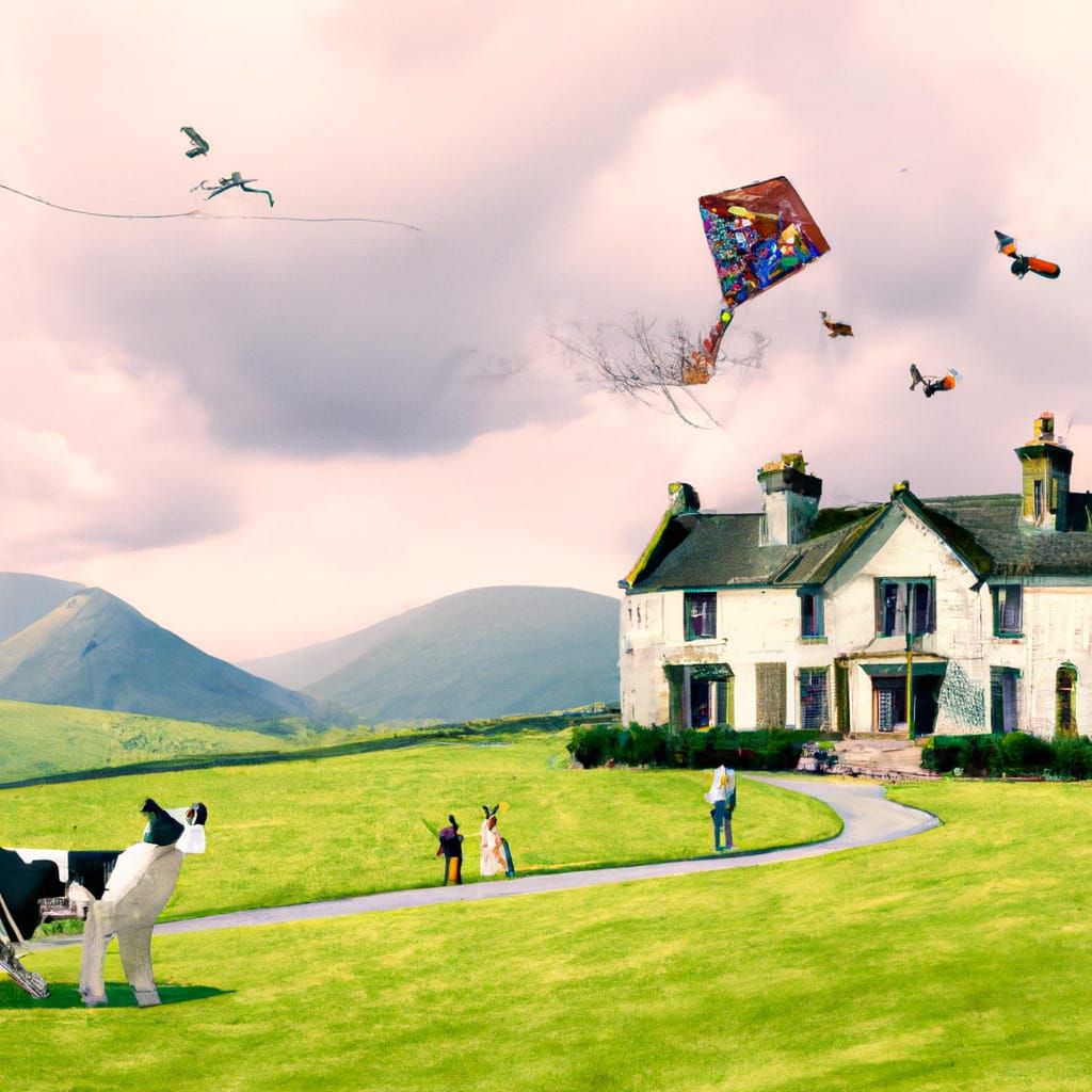 Victorian cottage near lake district. People flying kites. Brisk wind ...